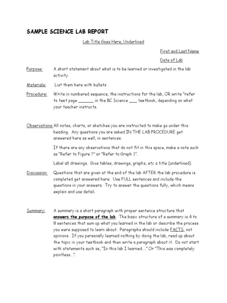 Sample Science Lab Report: Answers The Purpose of The Lab. The Basic ...