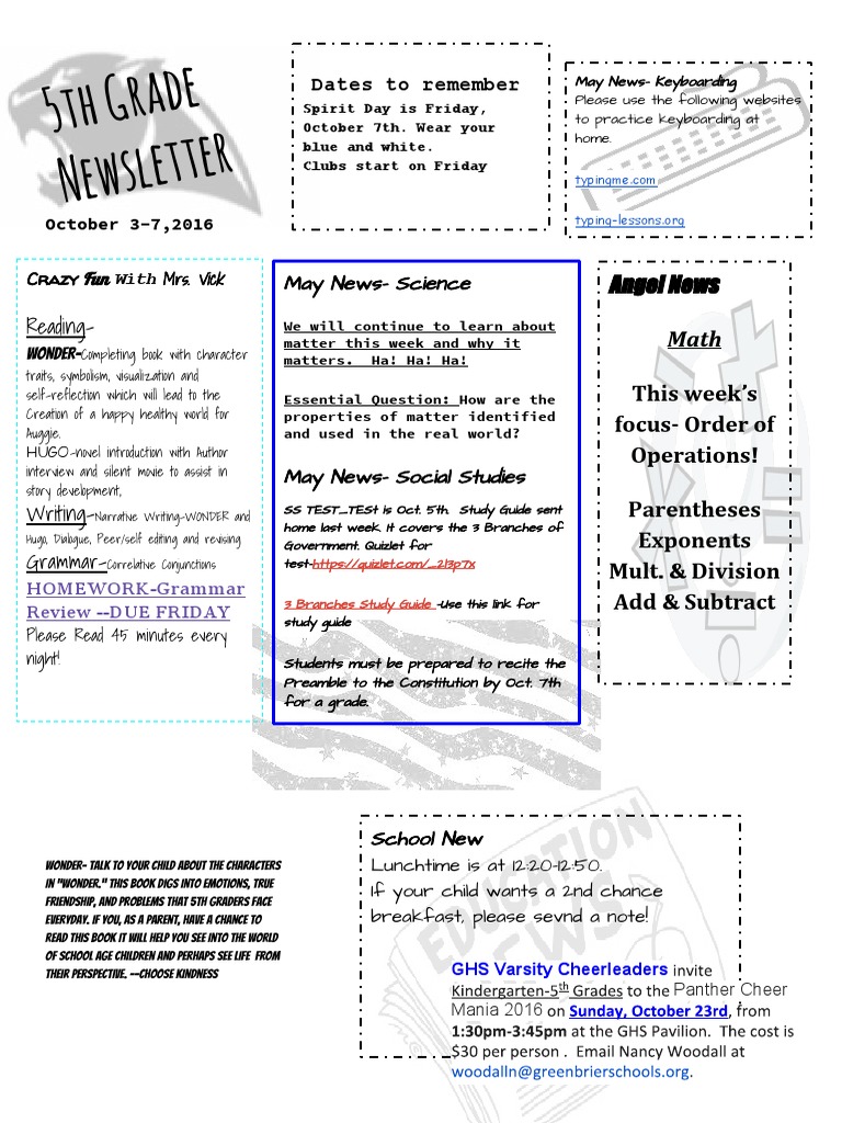 5th Grade Newsletter | PDF