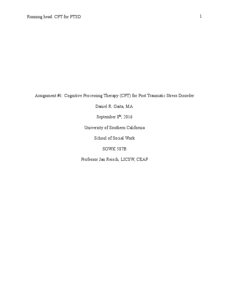 Cognitive Processing Therapy Cpt For Post Traumatic Stress Disorder