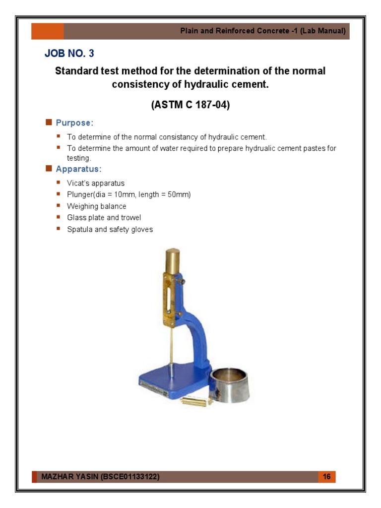 Standard Test Method For The Determination of The Normal Consistency of ...