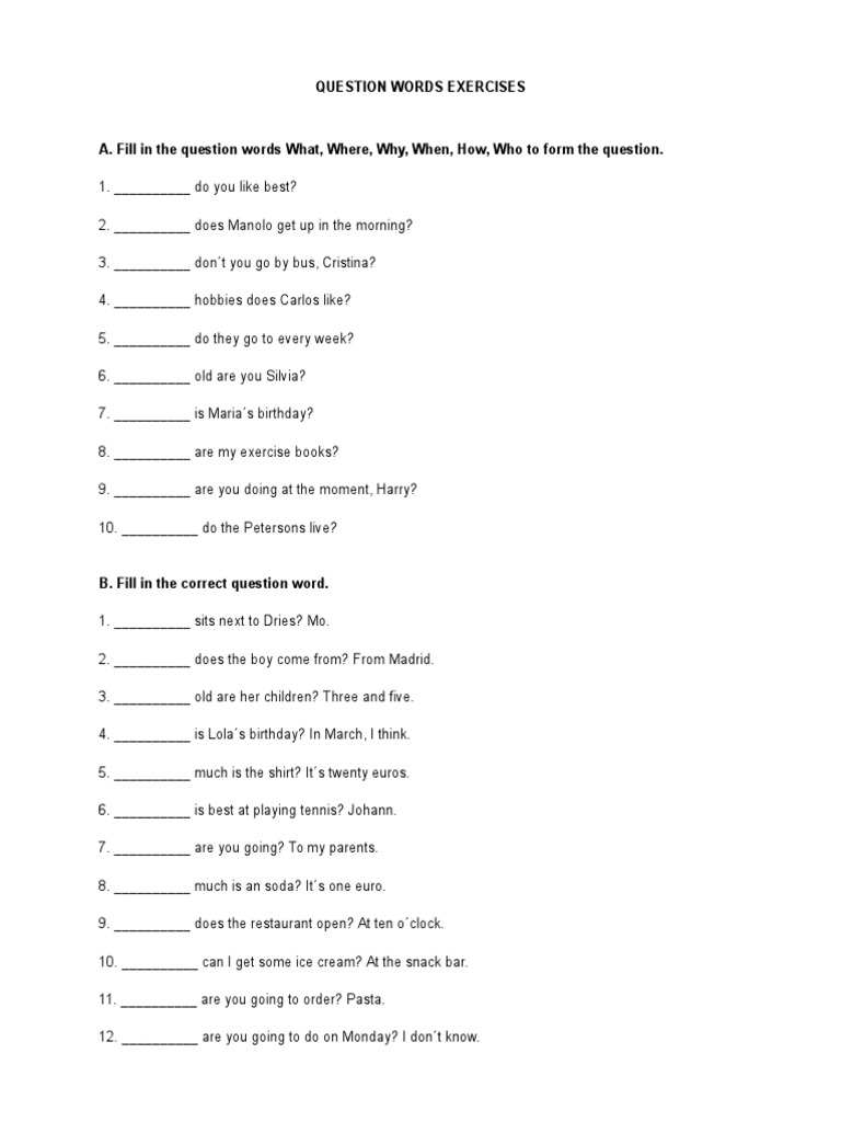 Question Words Exercises Worksheet | PDF | Leisure