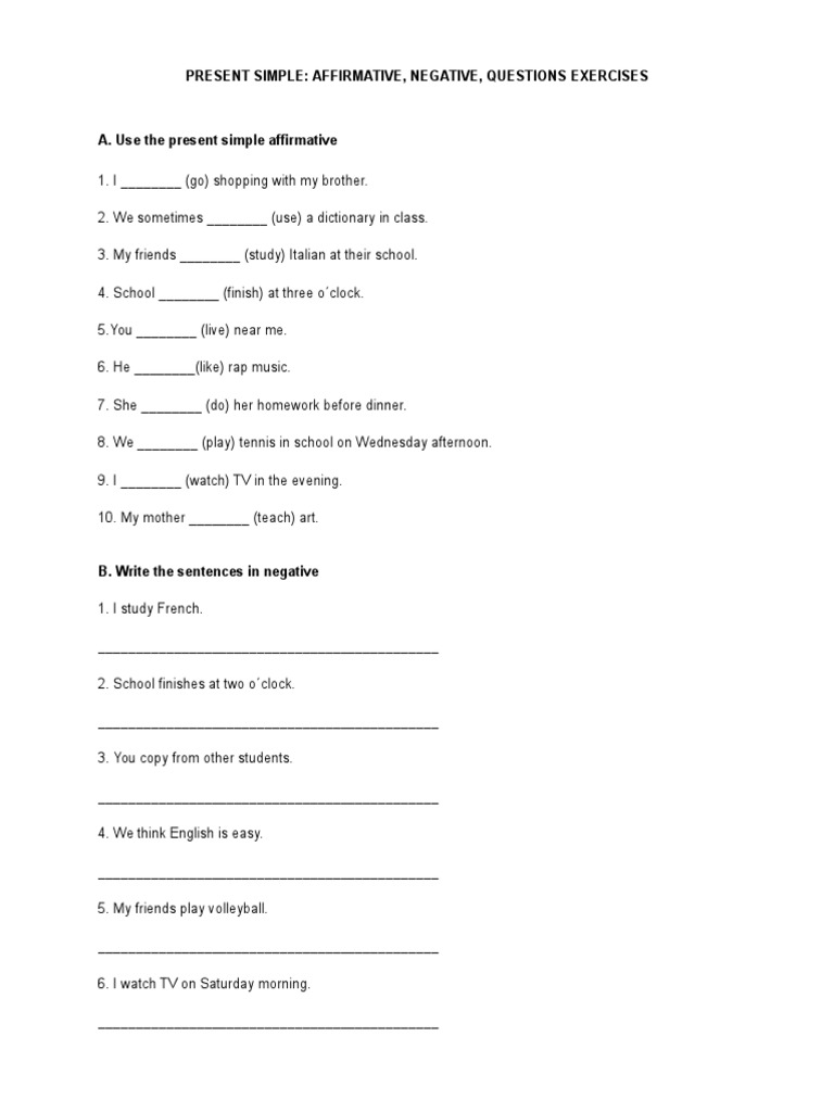 Present Simple Affirmative Negative Questions Exercises Pdf