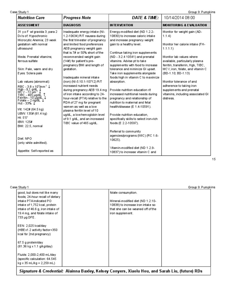 final adime note anemiacasestudy | Pregnancy | Folic Acid