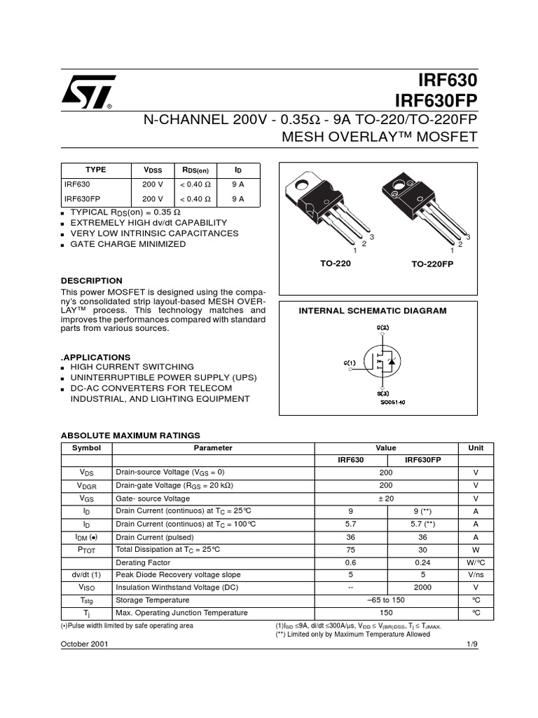 I R F 630 , 1diodo , 9A , 600V , Mosfet.pdf | Mosfet | Field Effect ...