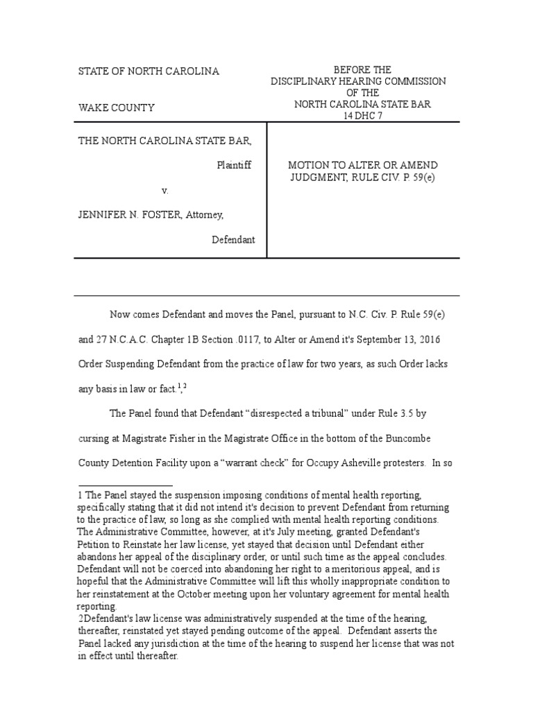 North Carolina State Bar v. Jennifer Nicole Foster 14DHC7 Rule 59 (E ...