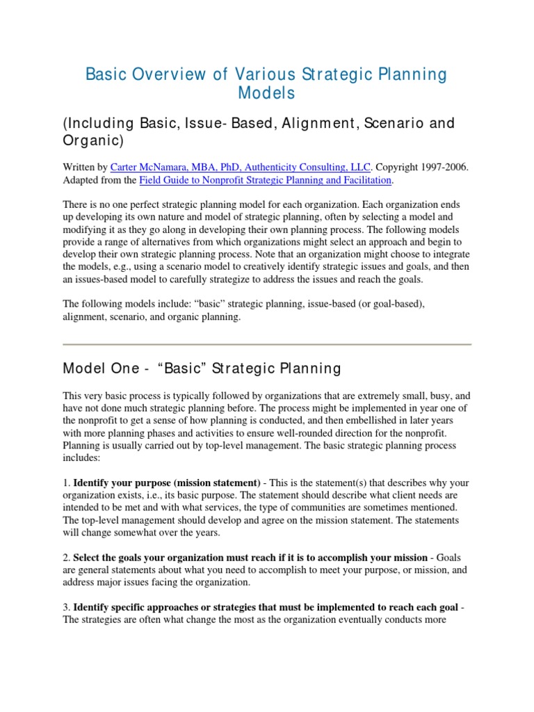 Basic Overview of Various Strategic Planning Models | PDF