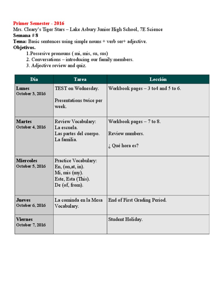 Día Tarea Lección: Semana # 8 Tema: Basic Sentences Using Simple Nouns + Verb Ser+ Adjective ...