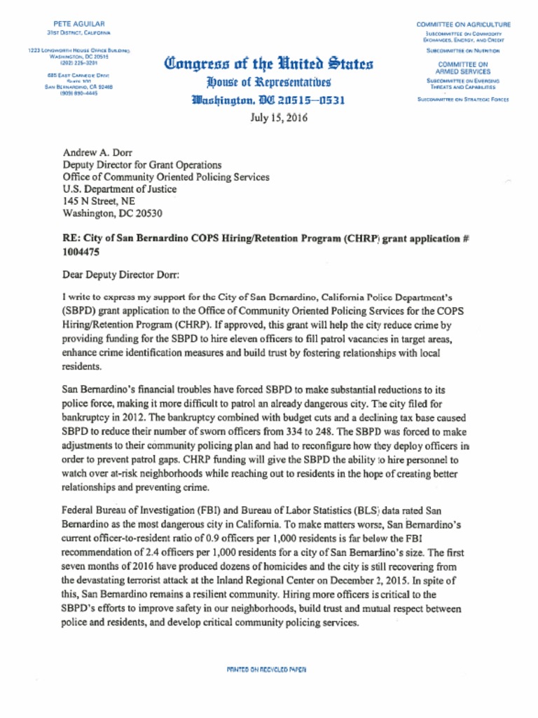 Aguilar Letter of Support For San Bernardino Police Department's COPS ...