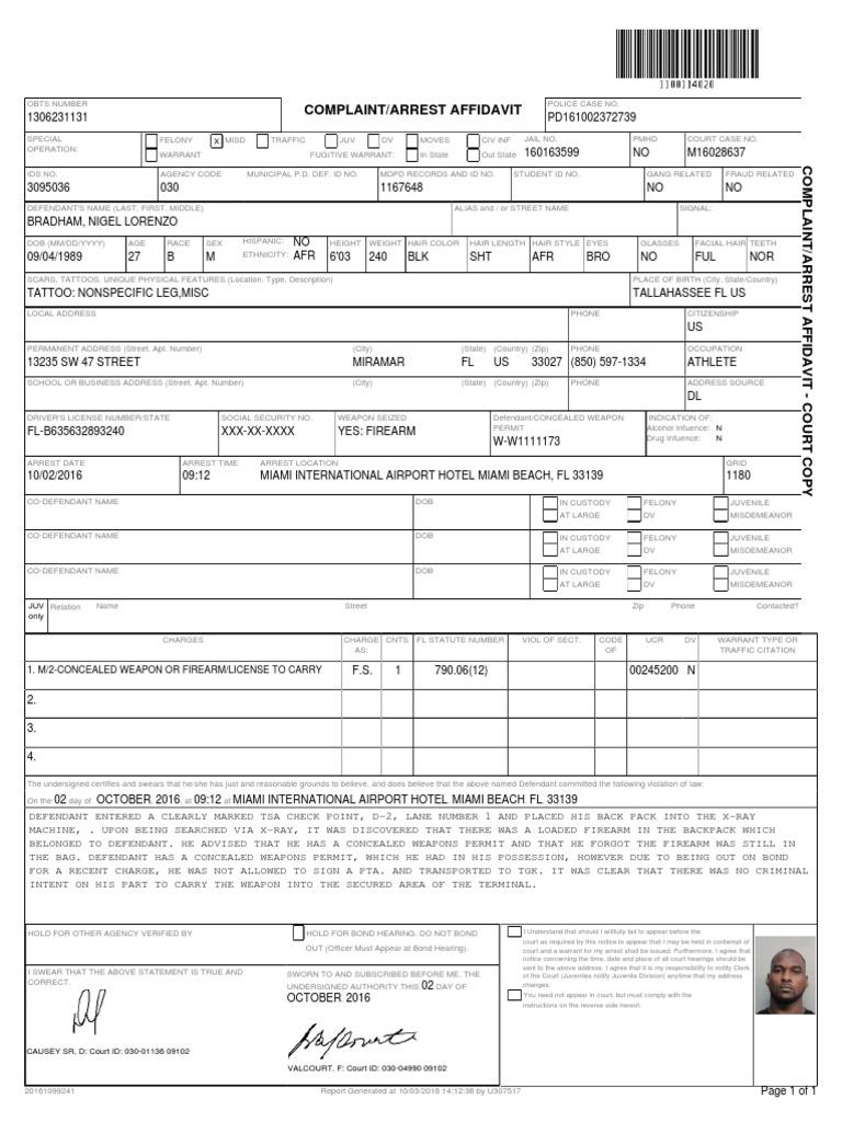 Arrest Form For Nigel Bradham | PDF | Concealed Carry In The United ...