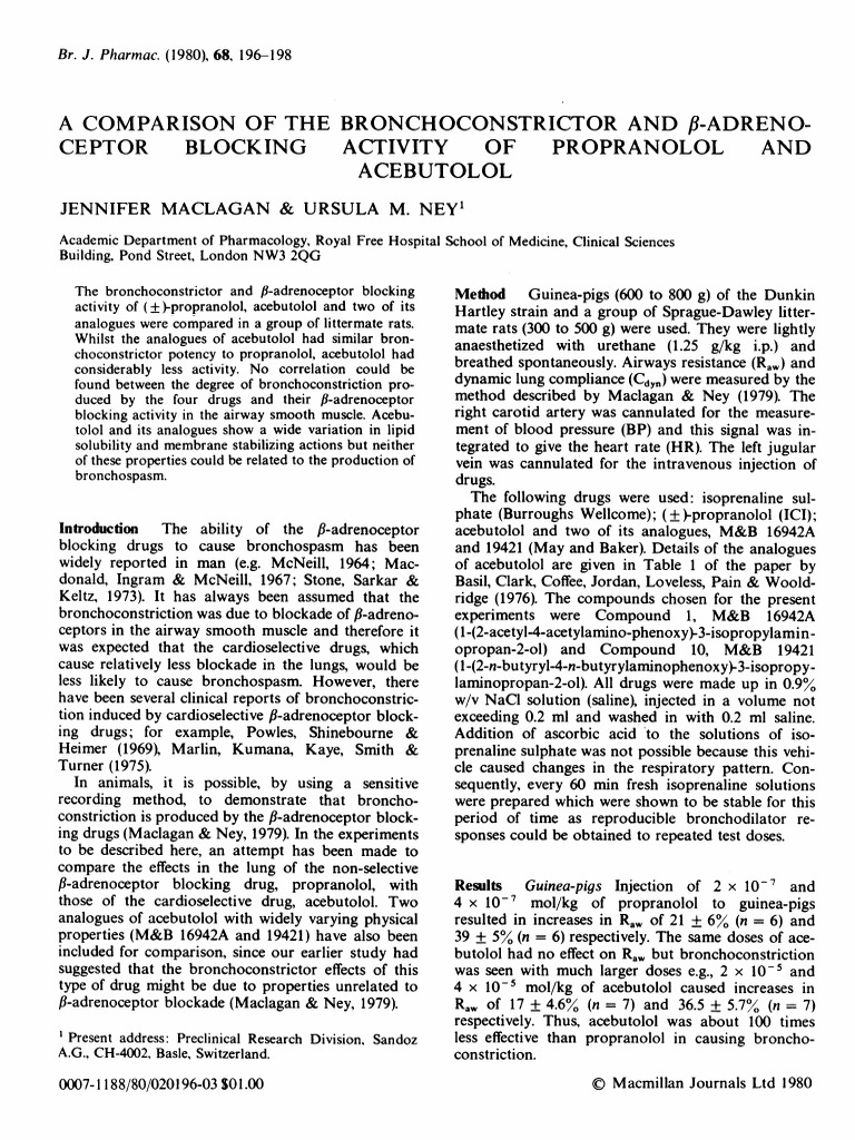 A Comparison of The Bronchoconstrictor and Beta-Adrenoceptor Blocking ...