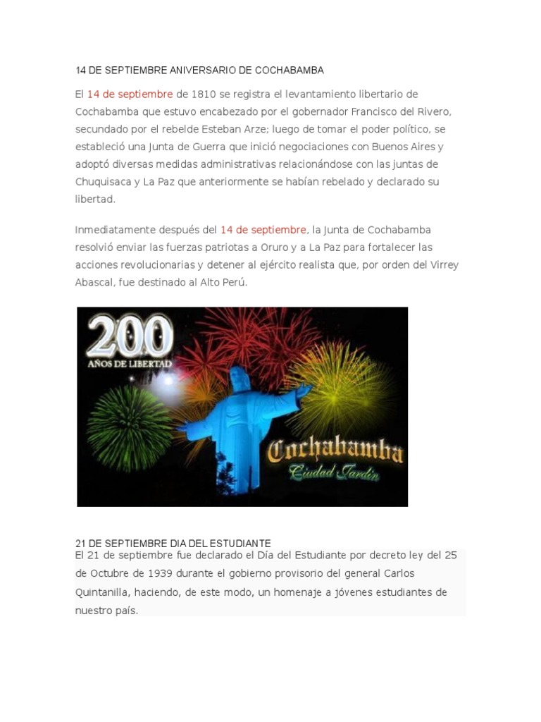 14 de Septiembre Aniversario de Cochabamba | Descargar gratis PDF ...