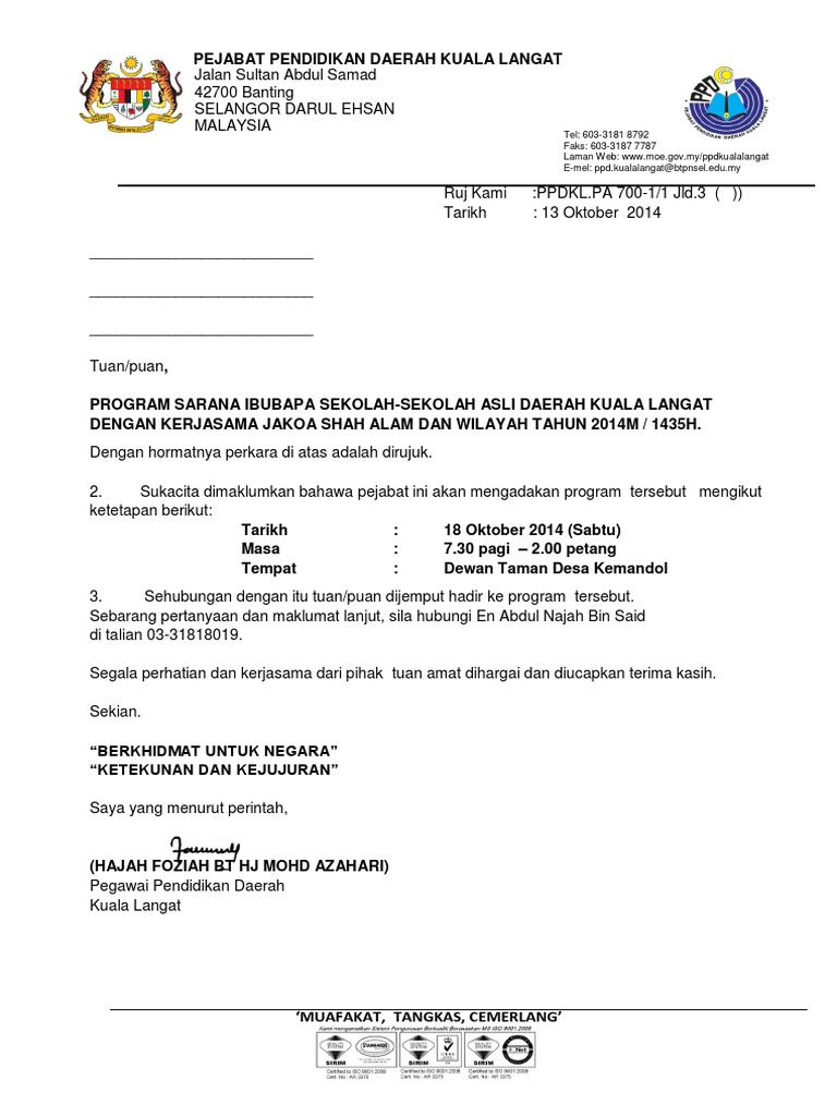 Surat Jemputan Kepada Ibubapa Ke Program Sarana Ibubapa Sekolah Asli ...