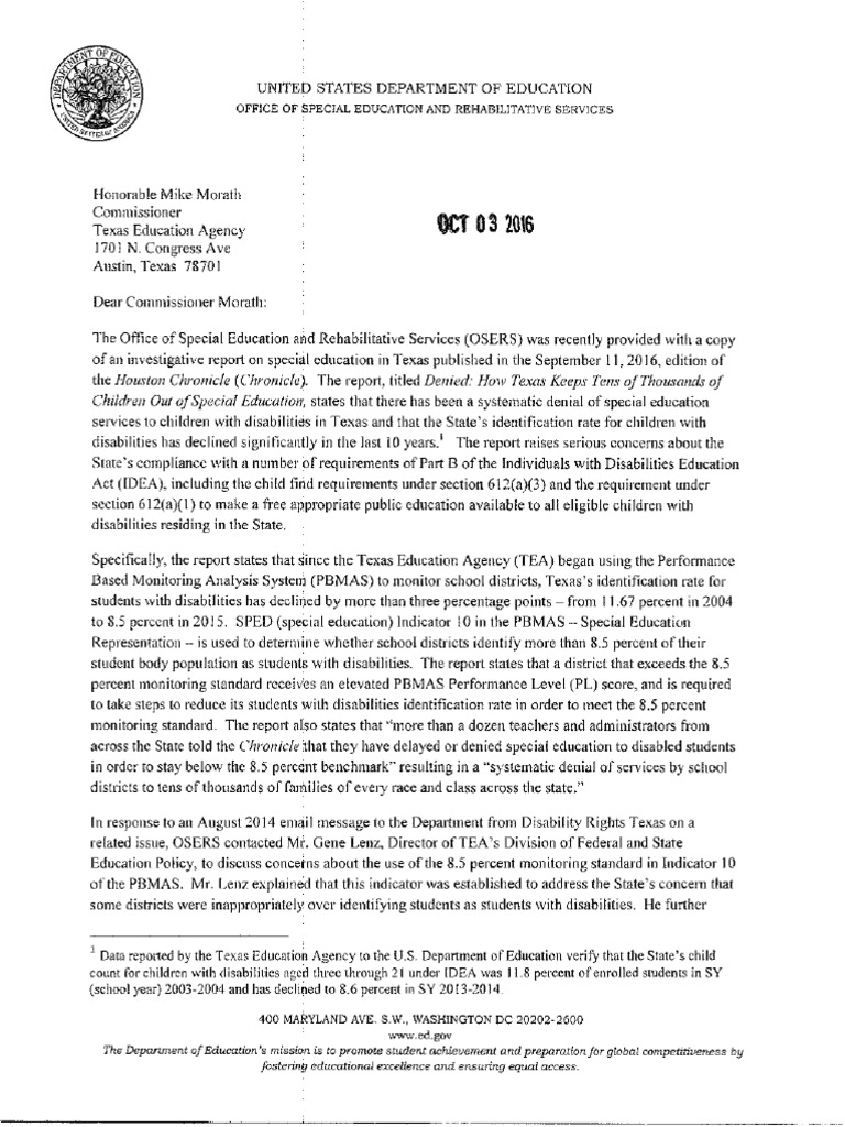 U.S. Department of Education letter about Texas special education ...