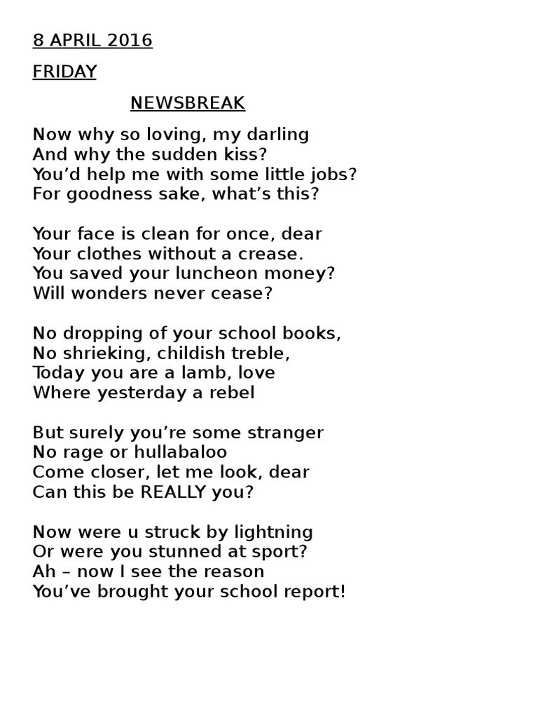 Form 1 Poem - Newsbreak | PDF