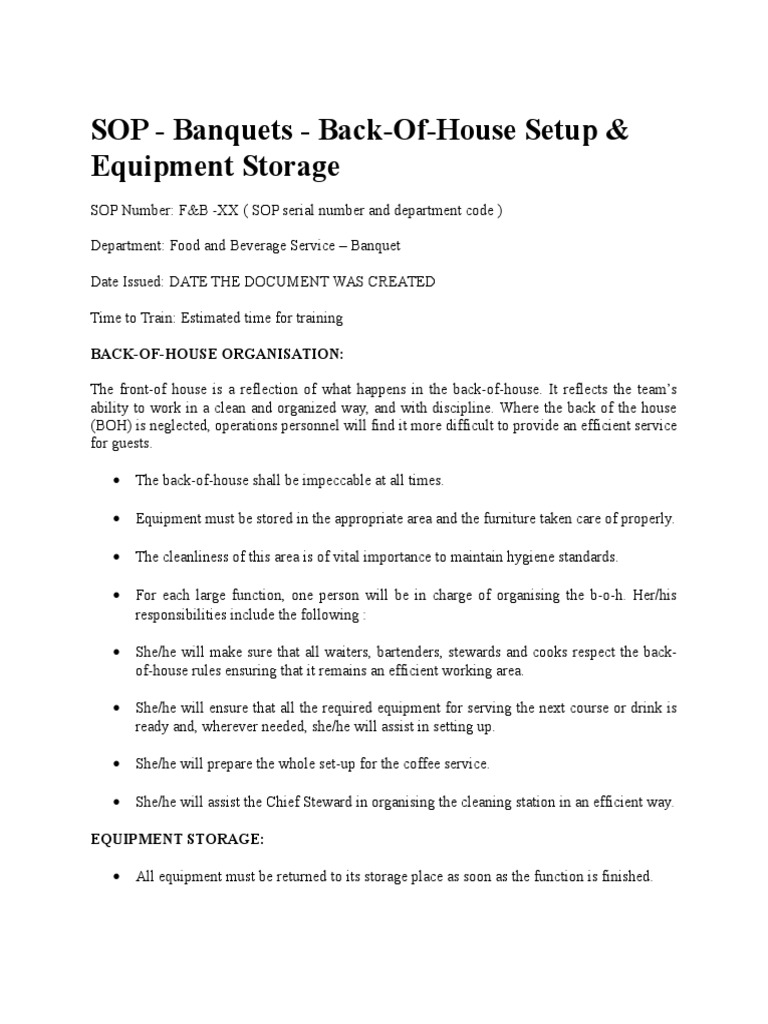 SOP - Banquets - Back-Of-House Setup & Equipment Storage | PDF | Menu ...