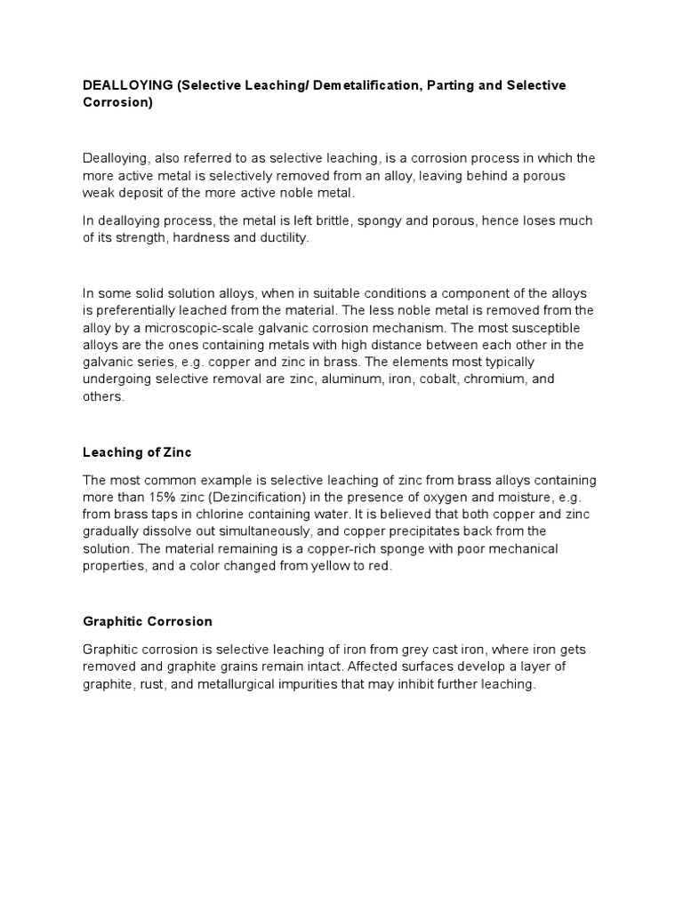 DEALLOYING (Selective Leaching/ Demetalification, Parting and Selective ...