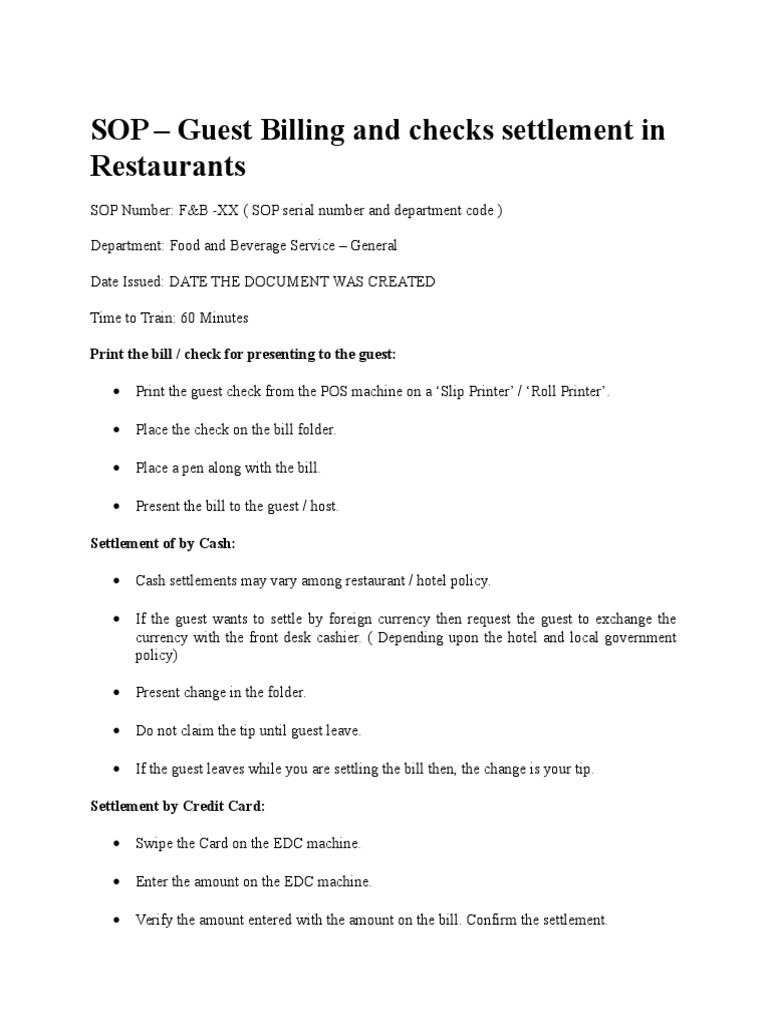 SOP - Guest Billing and Checks Settlement in Restaurants: Print The ...