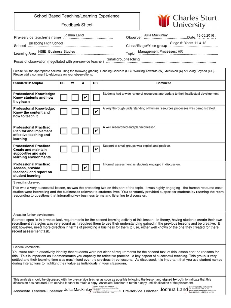 Feedback-Sheet 16 03 2016 | PDF | Reflective Practice | Educational ...
