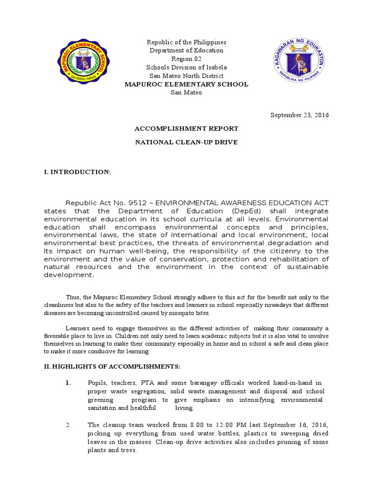 Accomplishment Report Clean-Up Drive 2016 | PDF | Environmental Law ...