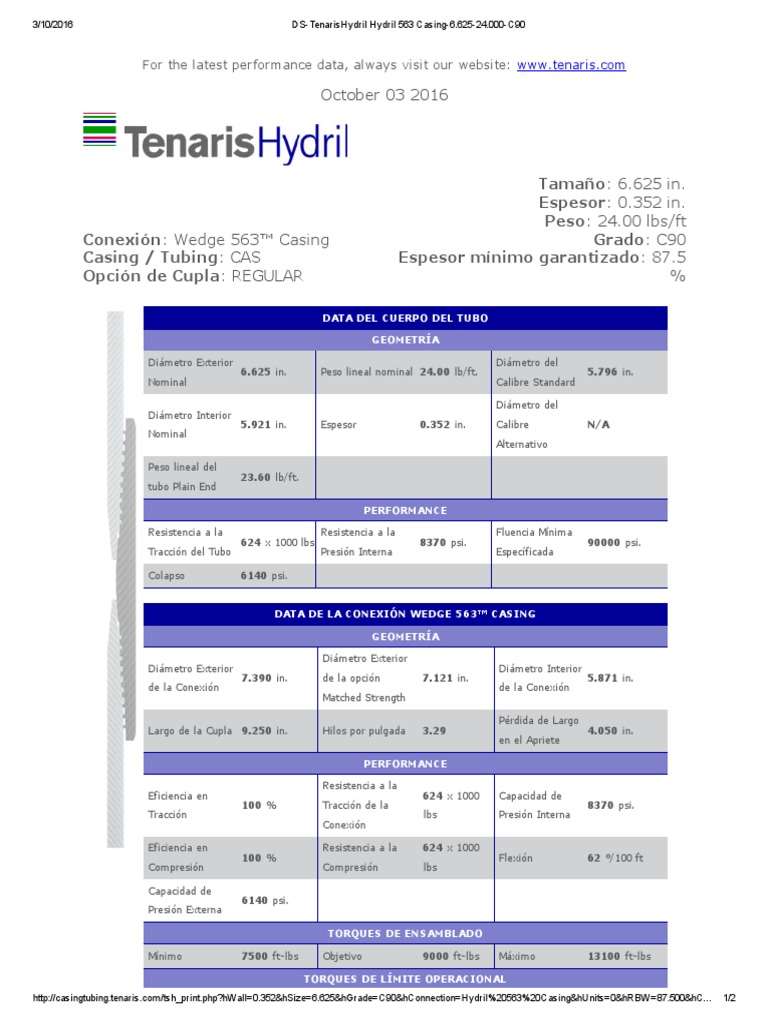 Casing TenarisHydril 563 C90 Especificaciones | PDF