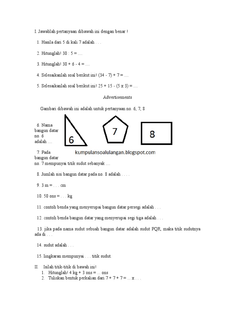 Contoh Soal MTK Kls 2 | PDF