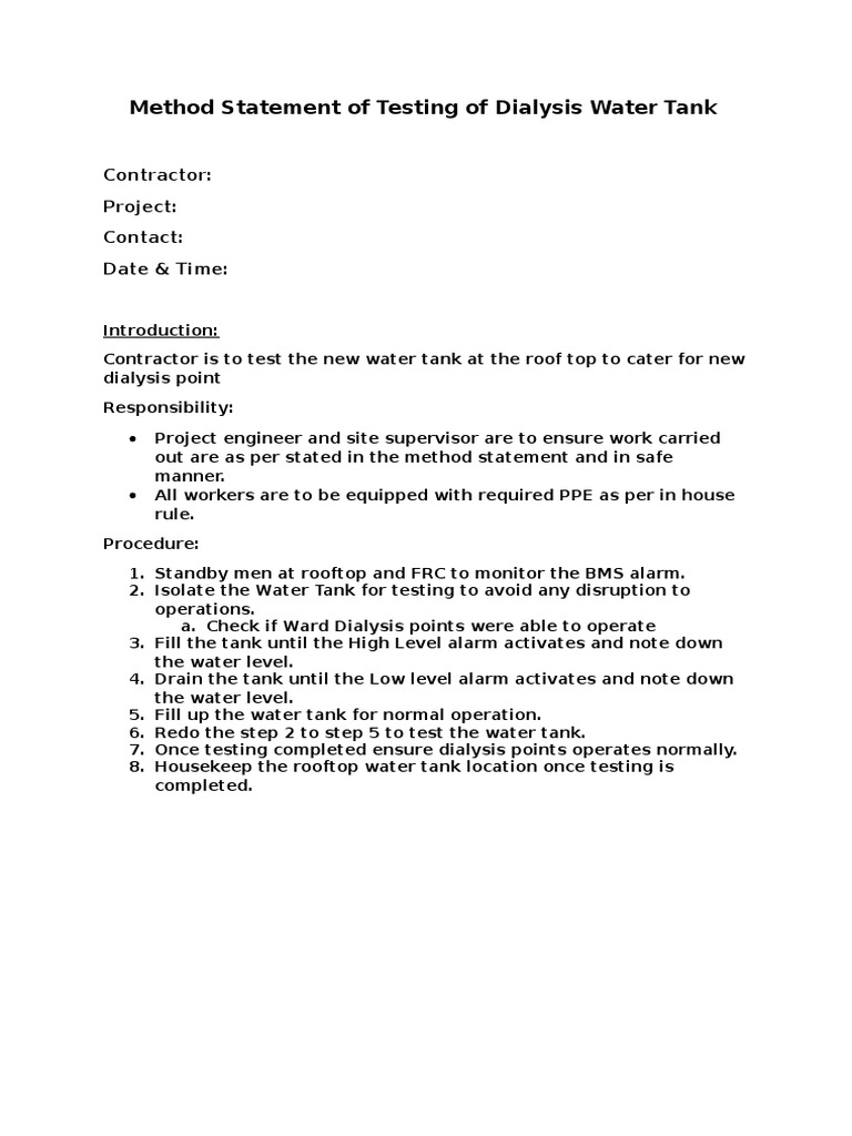 Method Statement of Testing of New Dialysis Water Tank | PDF | Nature