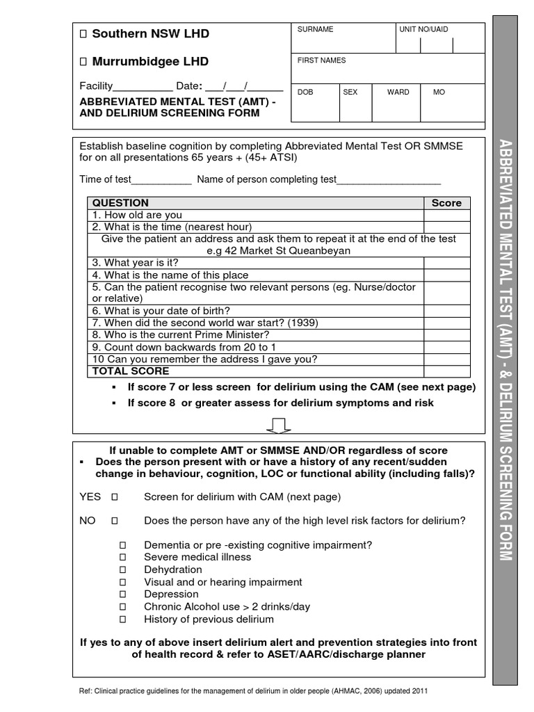 AMT Delirium Screening Form | Clinical Psychology | Psychology ...