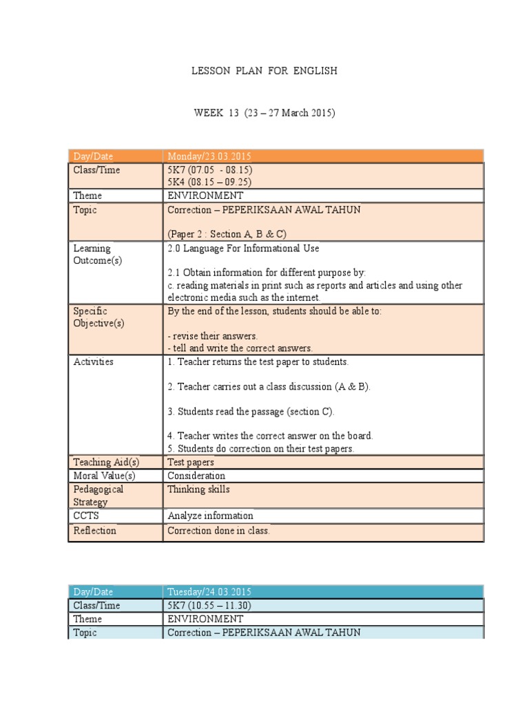 Lesson Plan For English | PDF | Lesson Plan | Test (Assessment)