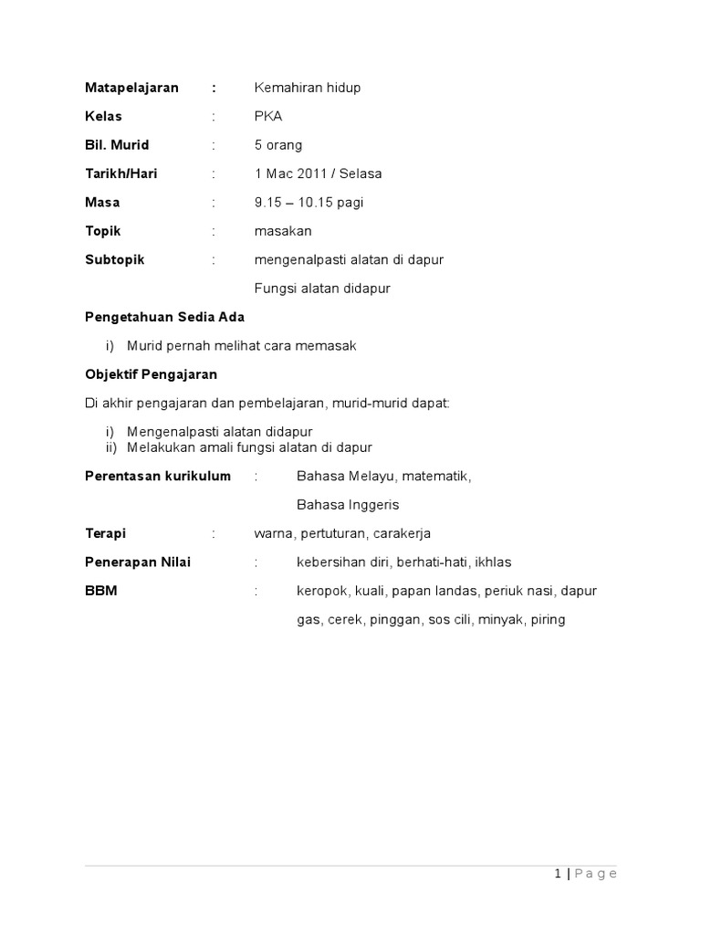 RPH Kemahiran Hidup Pendidikan Khas Masakan | PDF