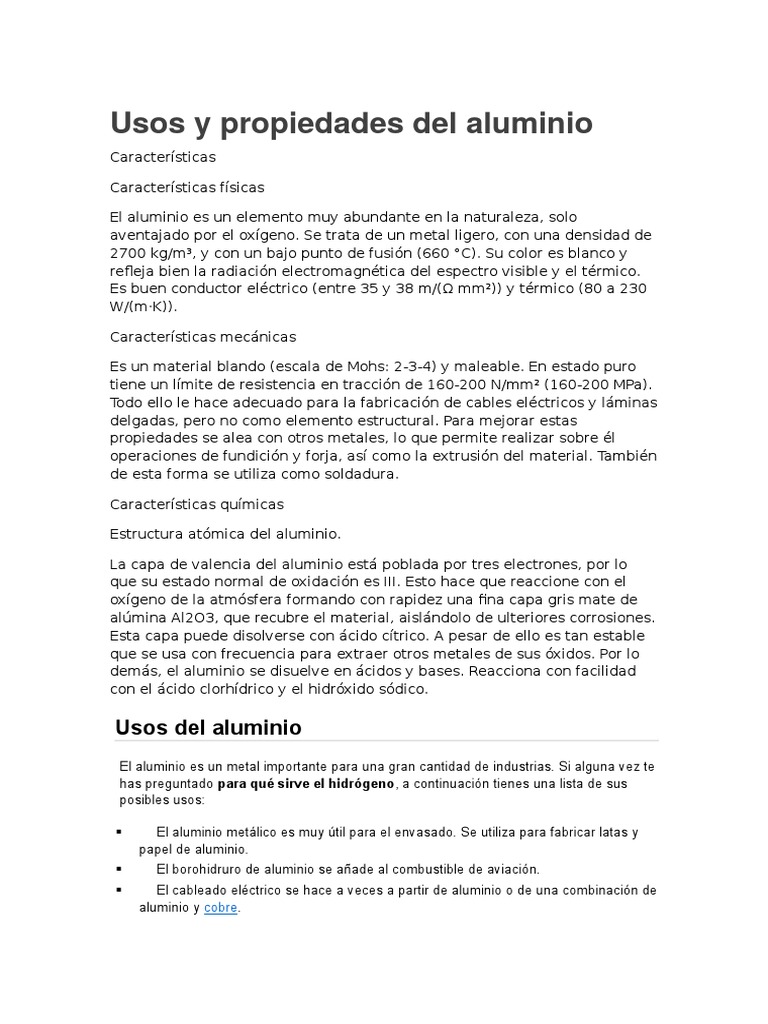 Usos y Propiedades Del Aluminio | PDF | Aluminio | Química