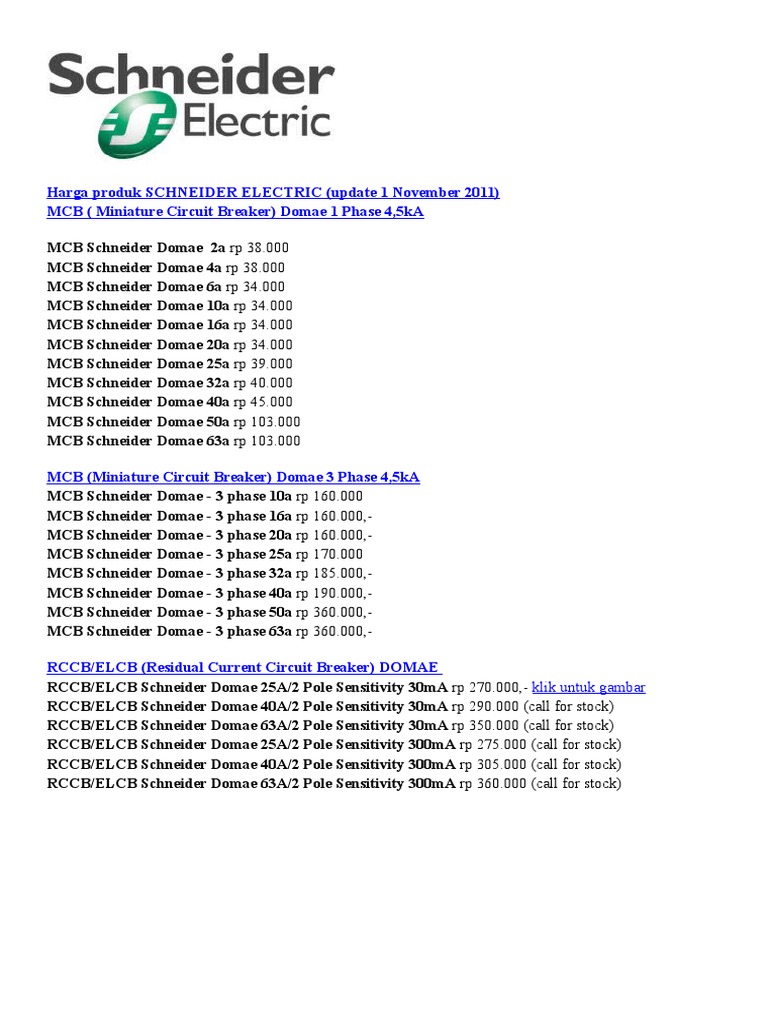 MCB Schneider Electric Price List | PDF