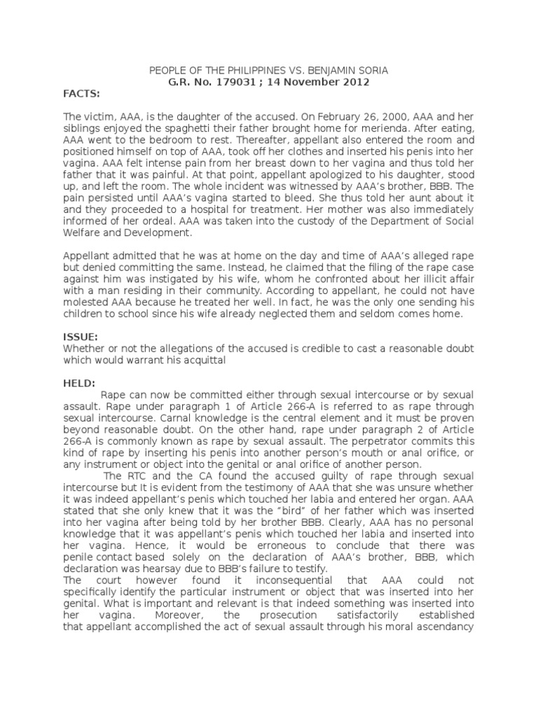 People of The Philippines vs. Benjamin Soria | PDF | Sexual Assault | Rape