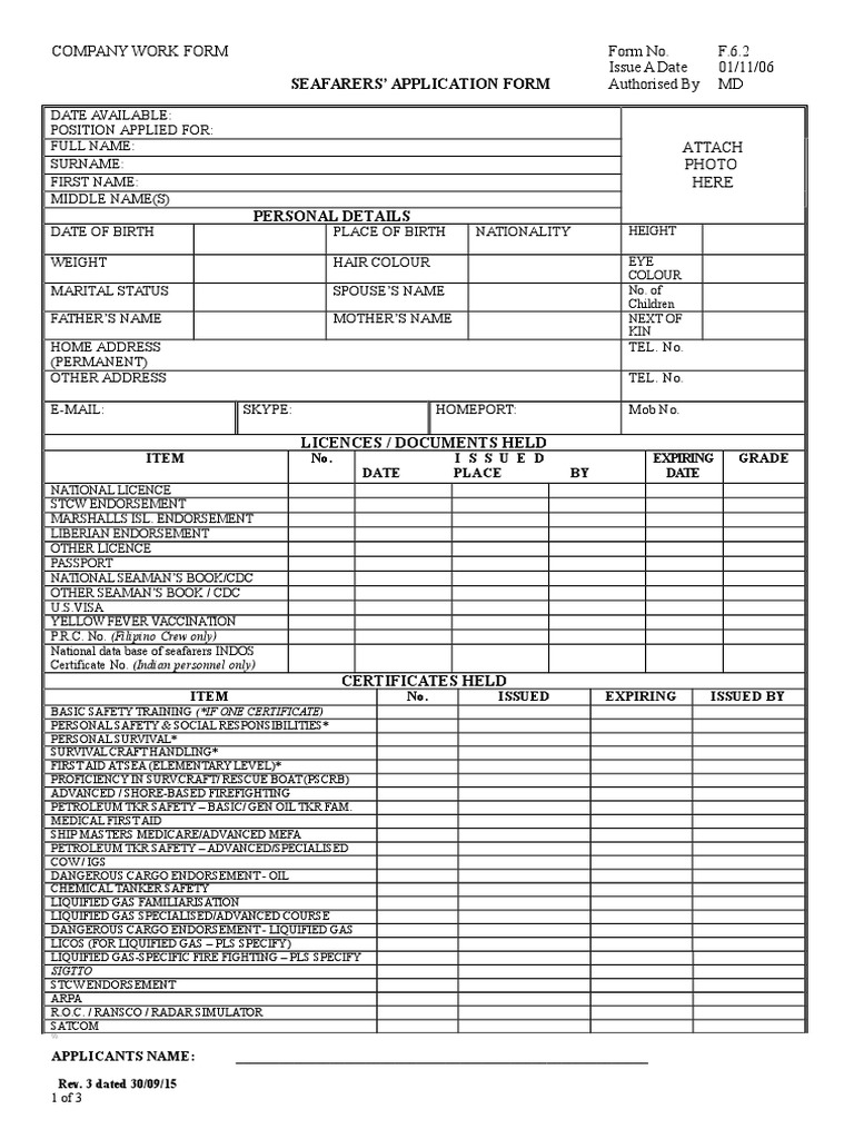 Seafarers' Application Form: Company Work Form Form No. F.6.2 Issue A ...