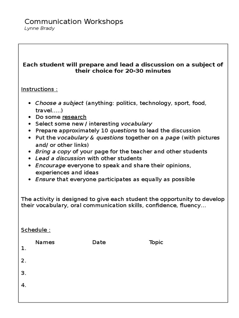 Communication Workshops: Each Student Will Prepare and Lead A ...
