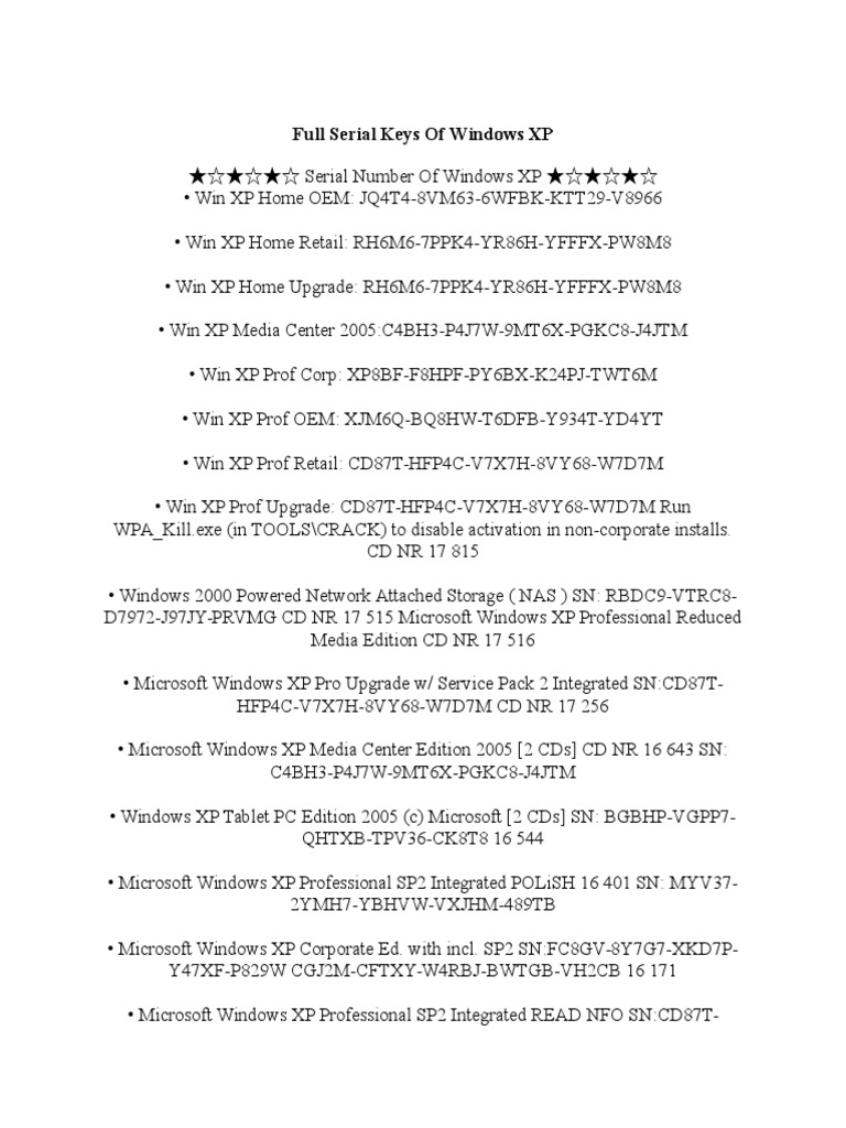 Full Serial Keys of Windows XP | PDF | Windows Xp | Microsoft Windows