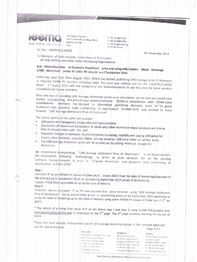 IEEMA Circular No.160 Dated 4th Nov'2014 | PDF | Metals | Manmade Materials