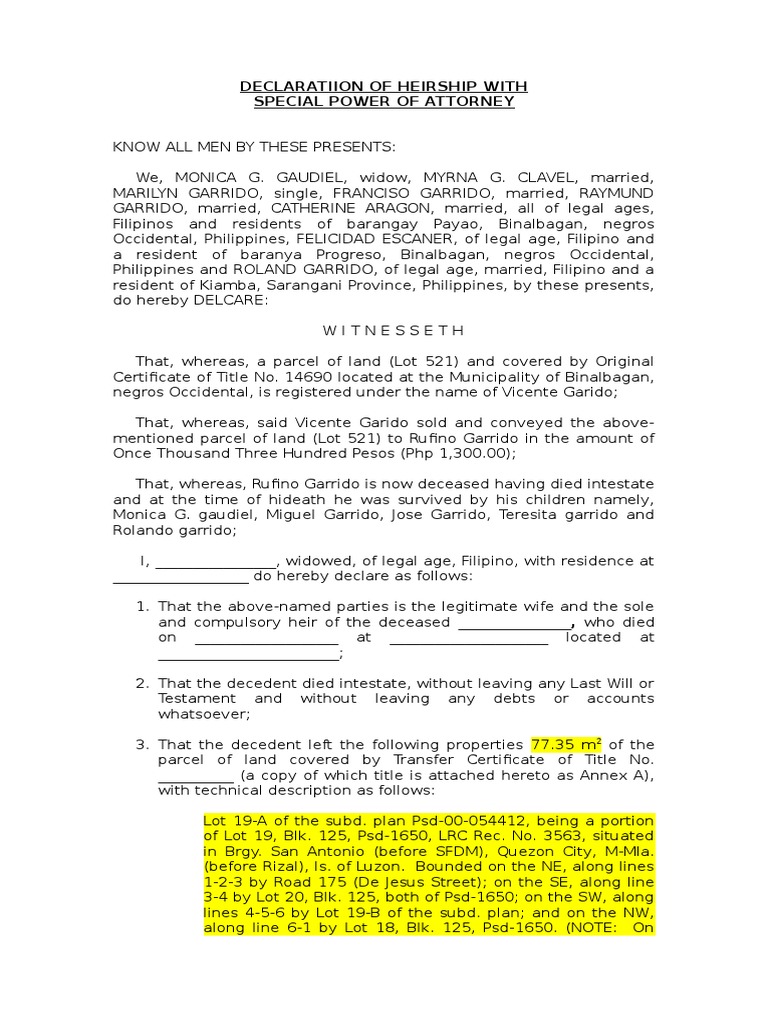 Declaration of Heirship With SPA | Intestacy | Common Law Declaration of Heirship With SPA | Intestacy | Common Law