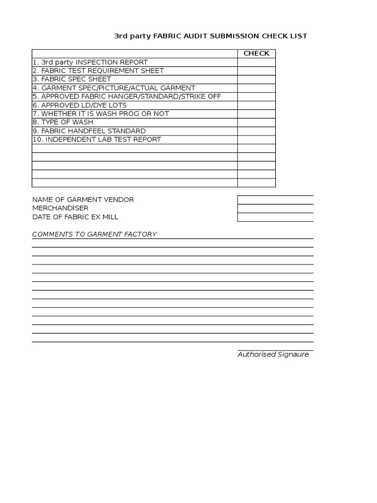 Check List For 3rd Party Fabric Inspection | PDF