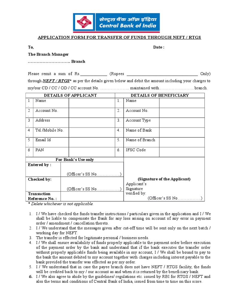 Application Form For Transfer of Funds Through Neft / RTGS: Delete ...