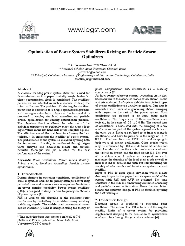 Optimization of Power System Stabilizers Relying On Particle Swarm Optimizers | PDF ...