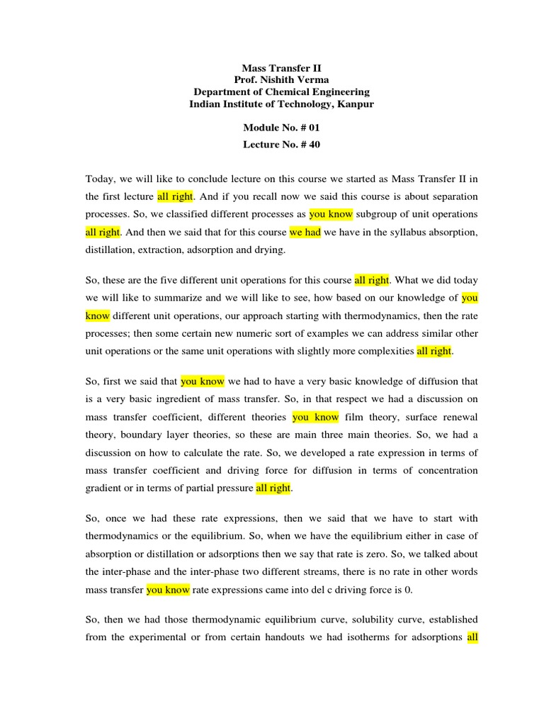 Mass Transfer II Prof. Nishith Verma Department of Chemical Engineering ...