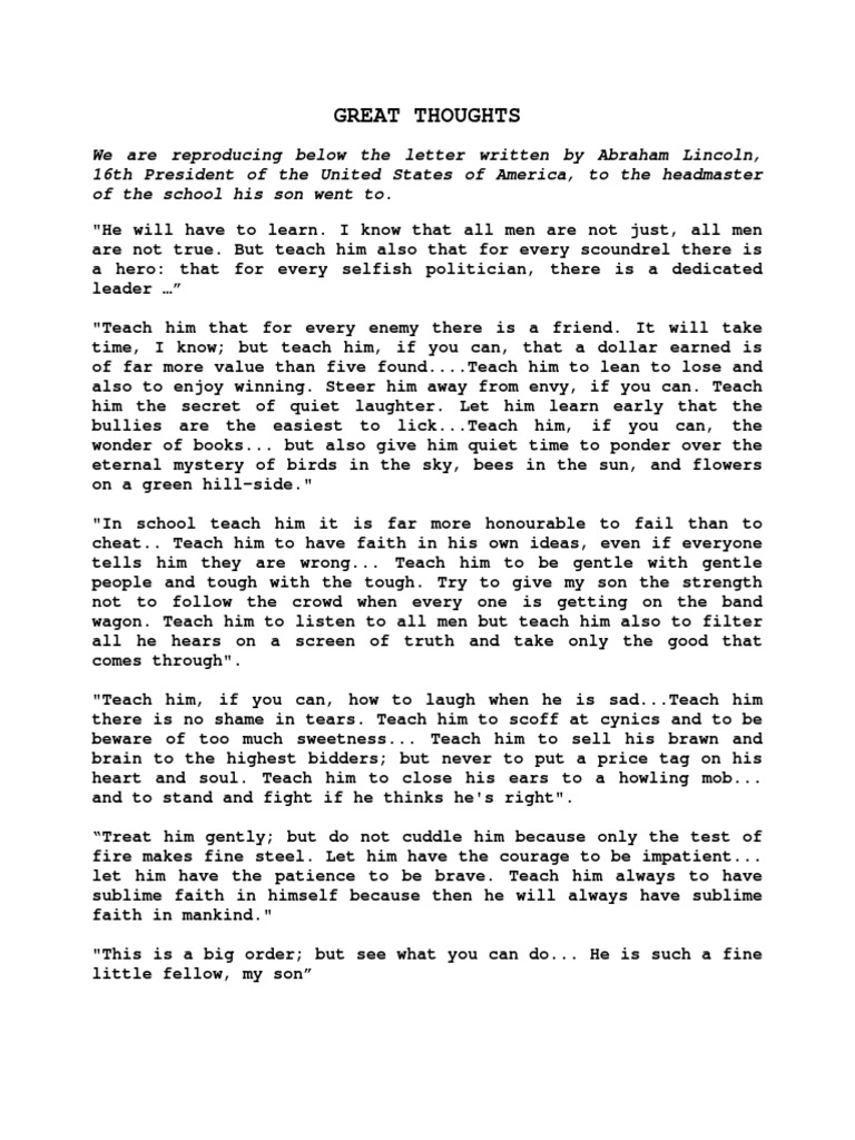 Abraham Lincoln's Letter To The School Headmaster PDF | PDF