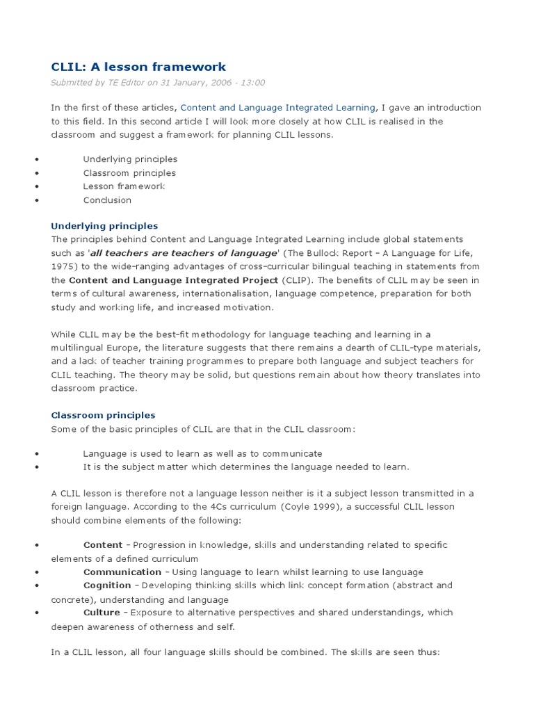 CLIL Lesson Framework | PDF | Language Education | Teachers