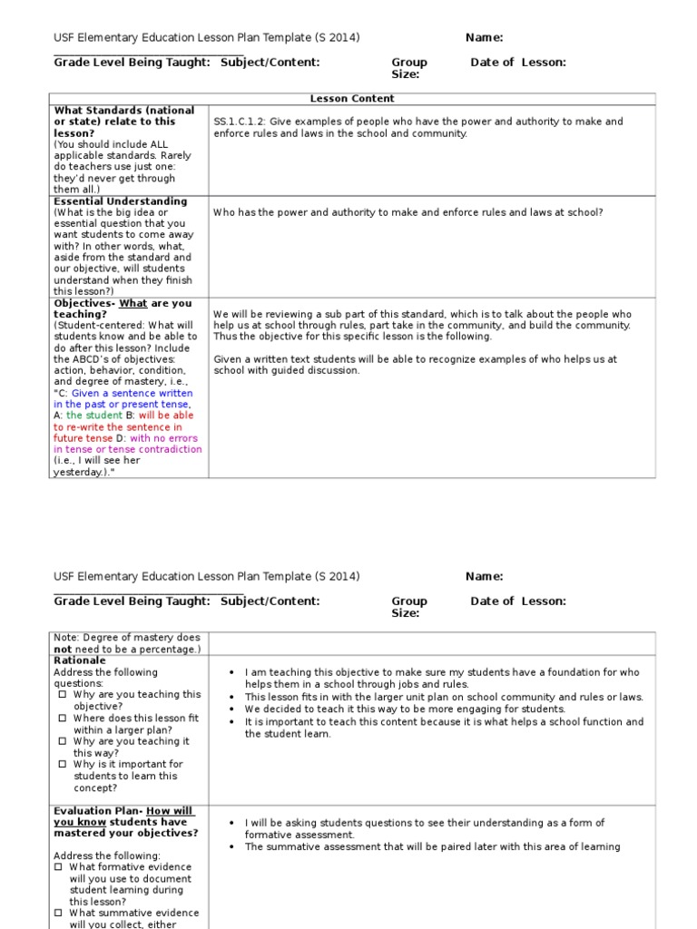 USF Elementary Education Lesson Plan Template (S 2014) | PDF | Teaching ...