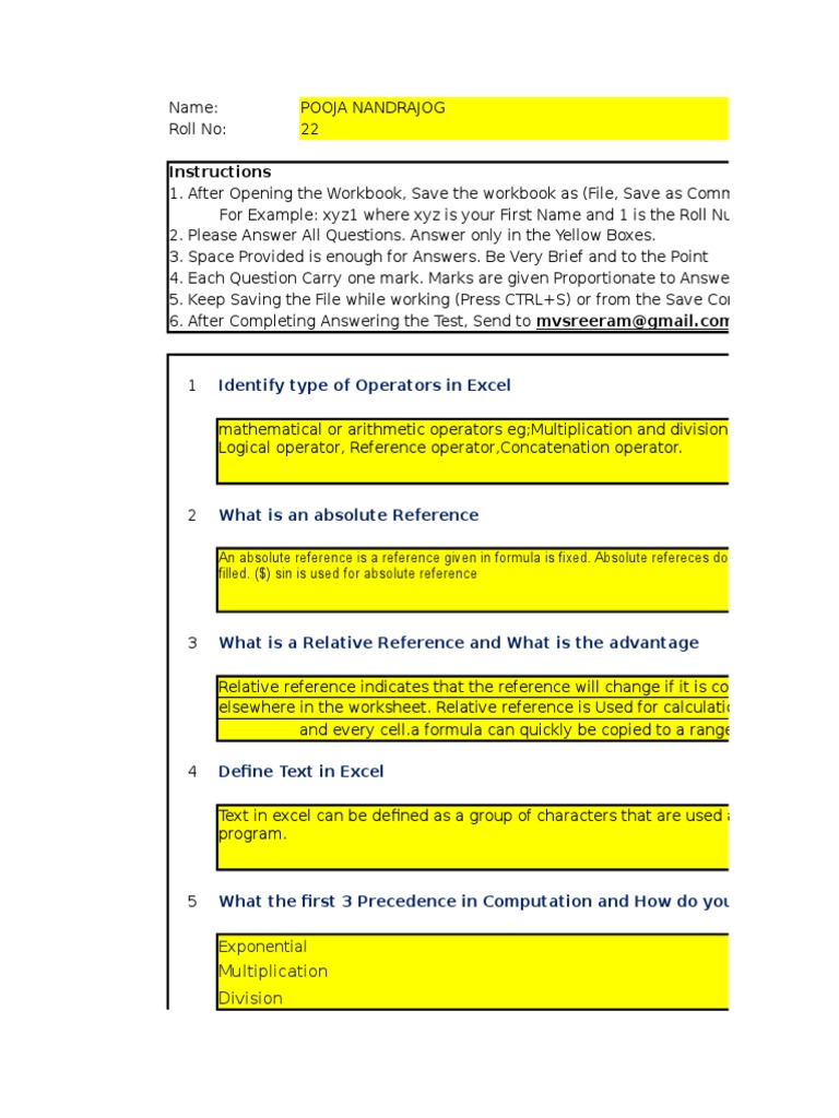 Instructions: Identify Type of Operators in Excel | PDF | Microsoft ...