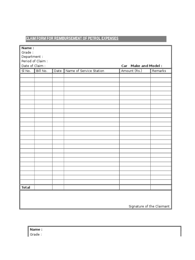 Claim Form For Reimbursement of Petrol Expenses: Name | PDF