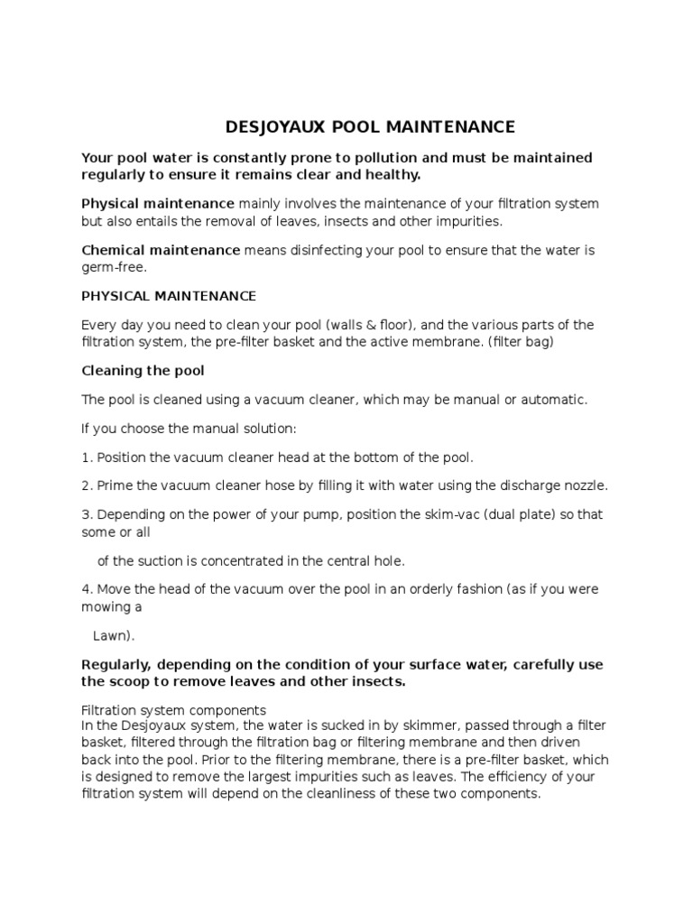 Desjoyaux Pool Maintenance Guide | PDF | Swimming Pool | Filtration
