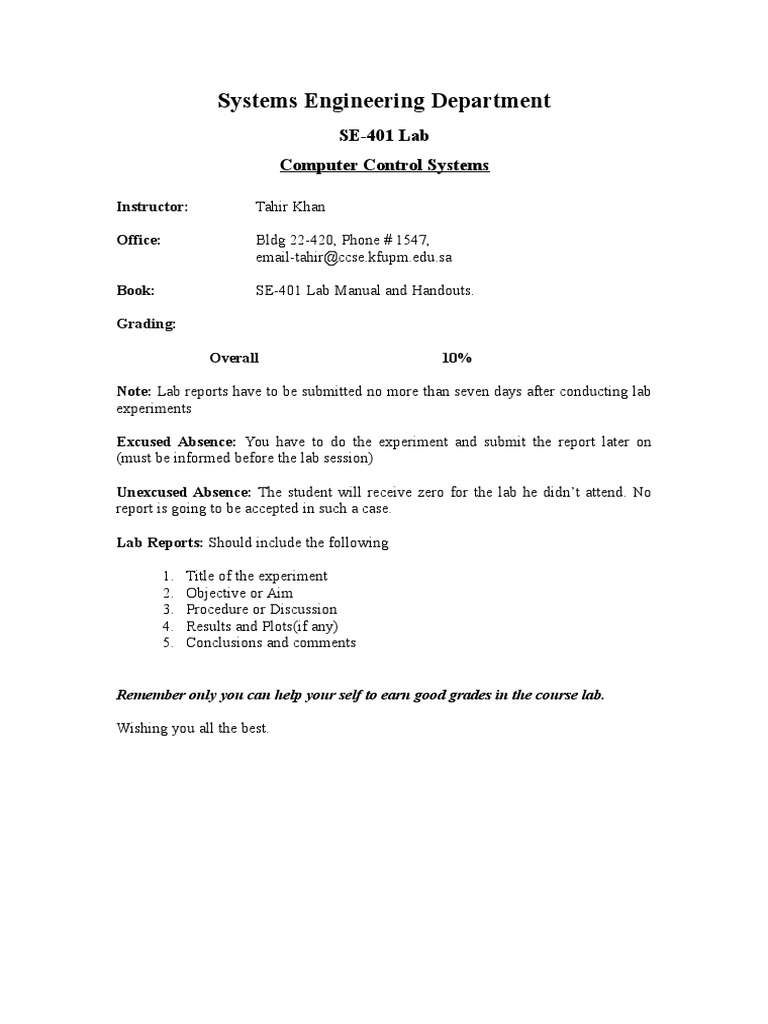 Systems Engineering Department: SE-401 Lab Computer Control Systems | PDF