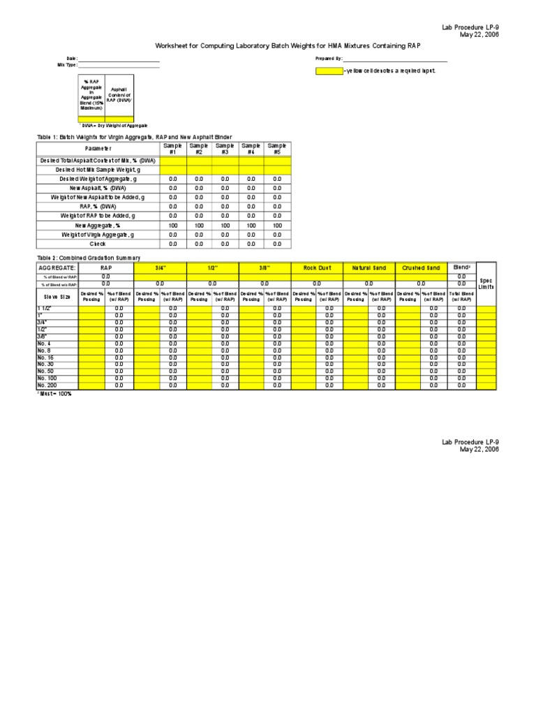 Worksheet For Computing Laboratory Batch Weights For HMA Mixtures ...