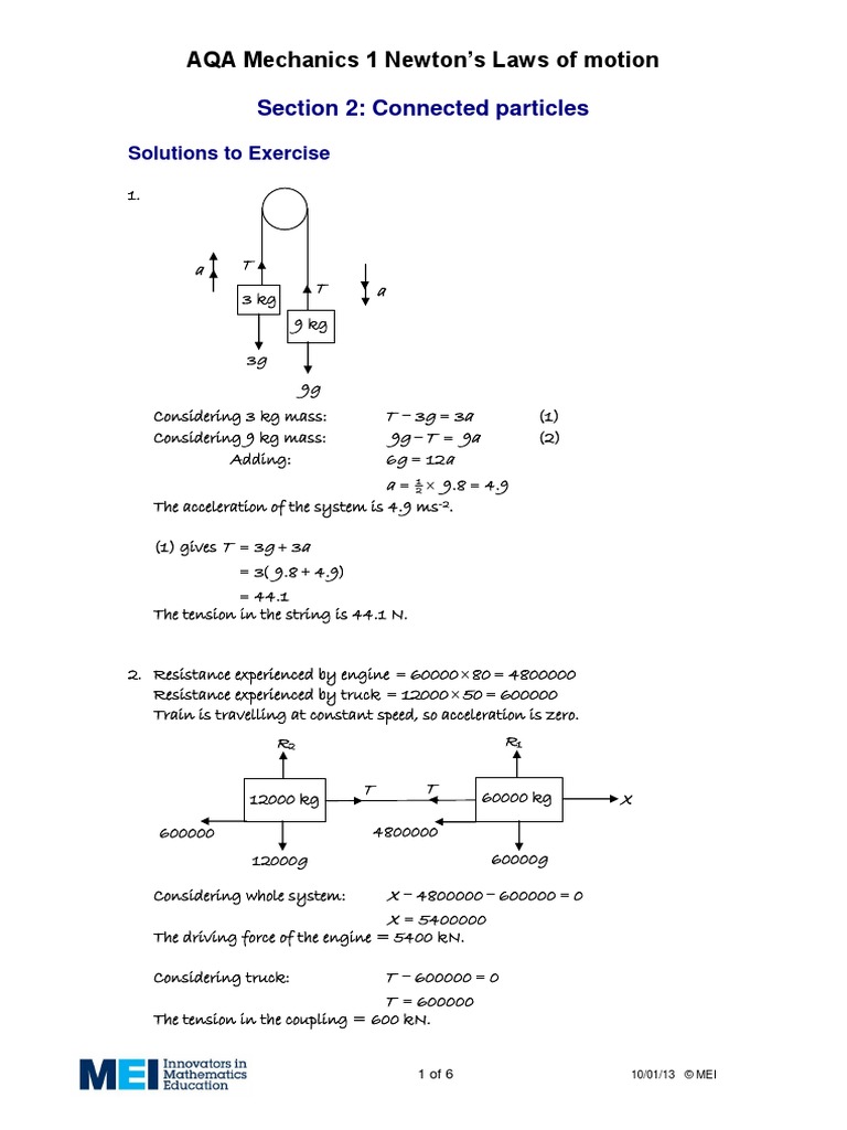 Connected Particles - Solutions | PDF | Tension (Physics) | Mass
